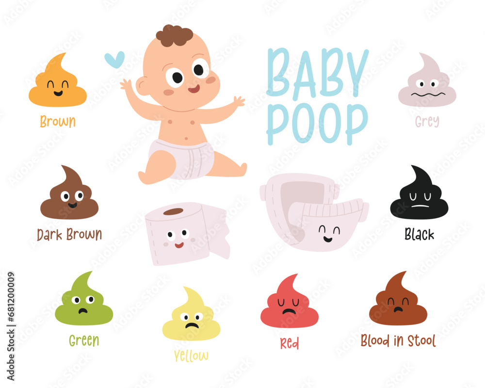 Variety of baby poop color cute kawaii emoticon isolated set to ...