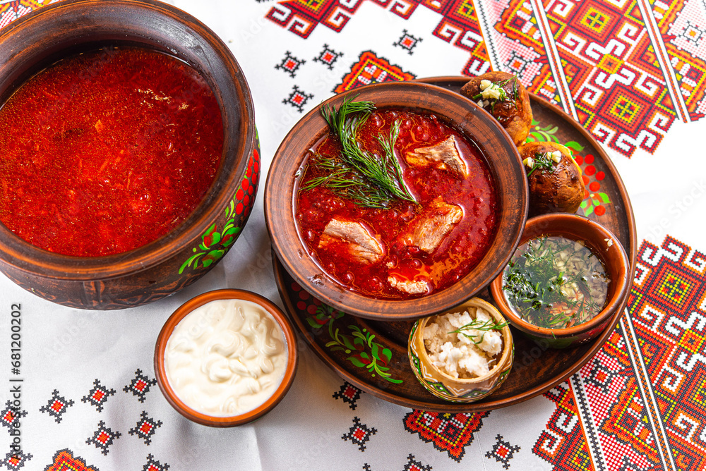 traditional Ukrainian borsch with lard and sour cream, national ...