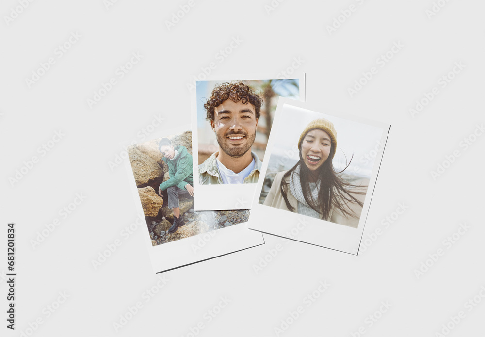 Mockup of three customizable instant camera prints with plain and ...