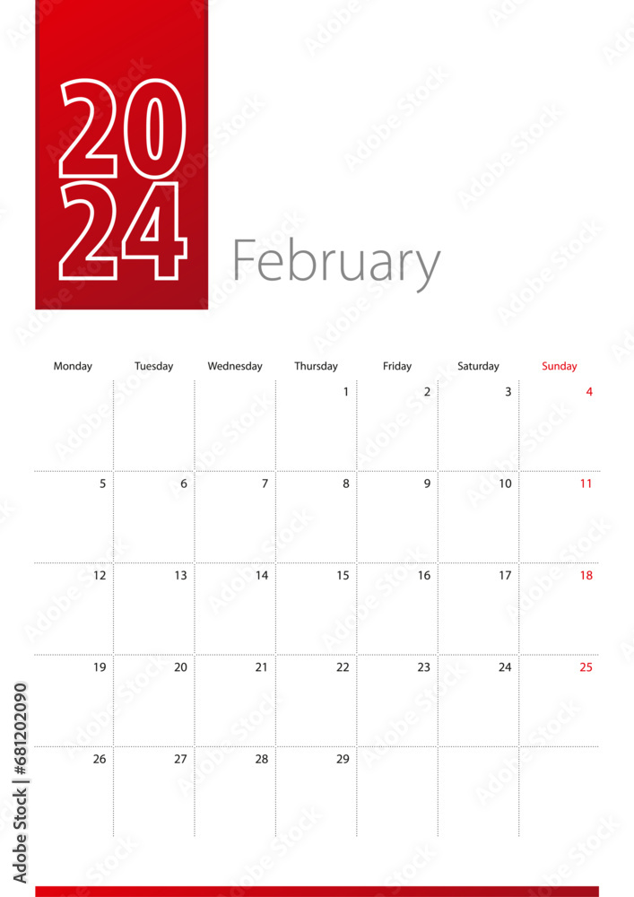 February 2024 calendar design. Week starts on Monday. Vertical calendar ...