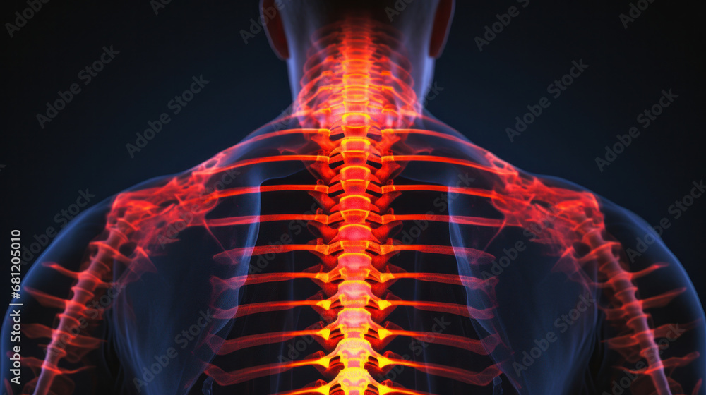 Fluorography of human spine visualising pain with red and orange ...