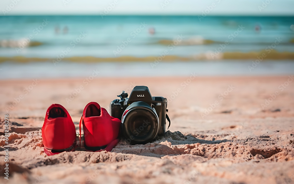 Camera with lens lying a towel on the sand at the beach, standing ...