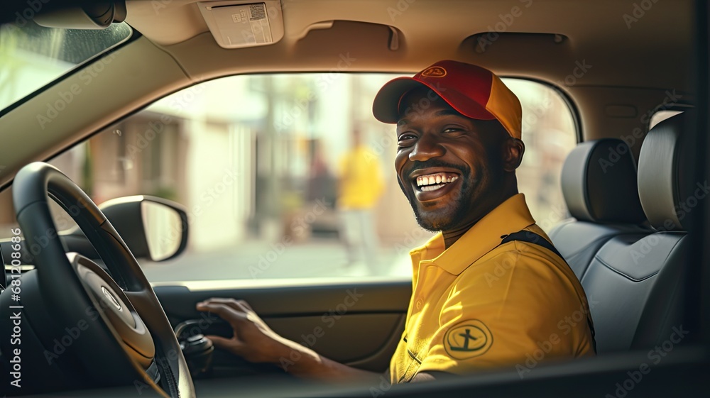 a happy customer receiving a delivery from a driver, that showcases the ...