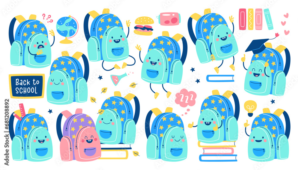 Cute funny school bag cartoon characters with different emotion on ...