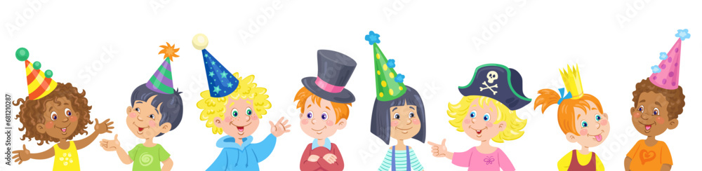 Eight happy children of different nationalities in festive hats are ...