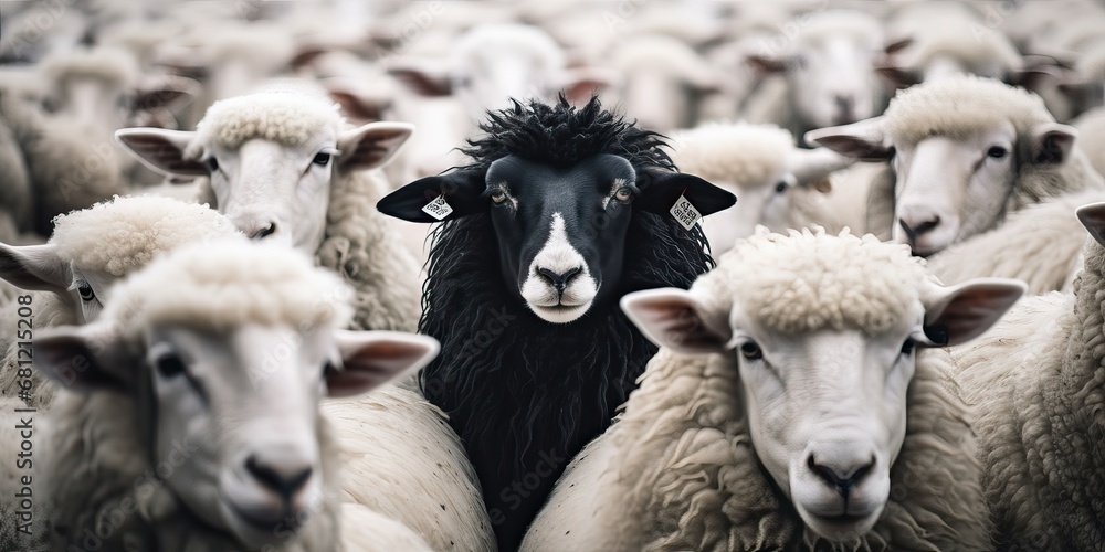 Ilustrace „A black sheep among a flock of white sheep, raising head as ...