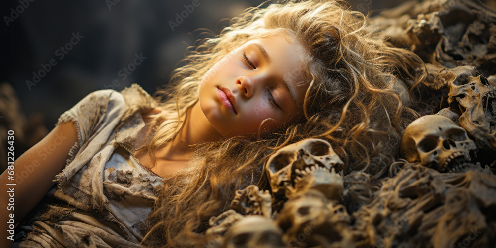 Young woman sleeping among eerie skeletons and Victorian-era macabre ...