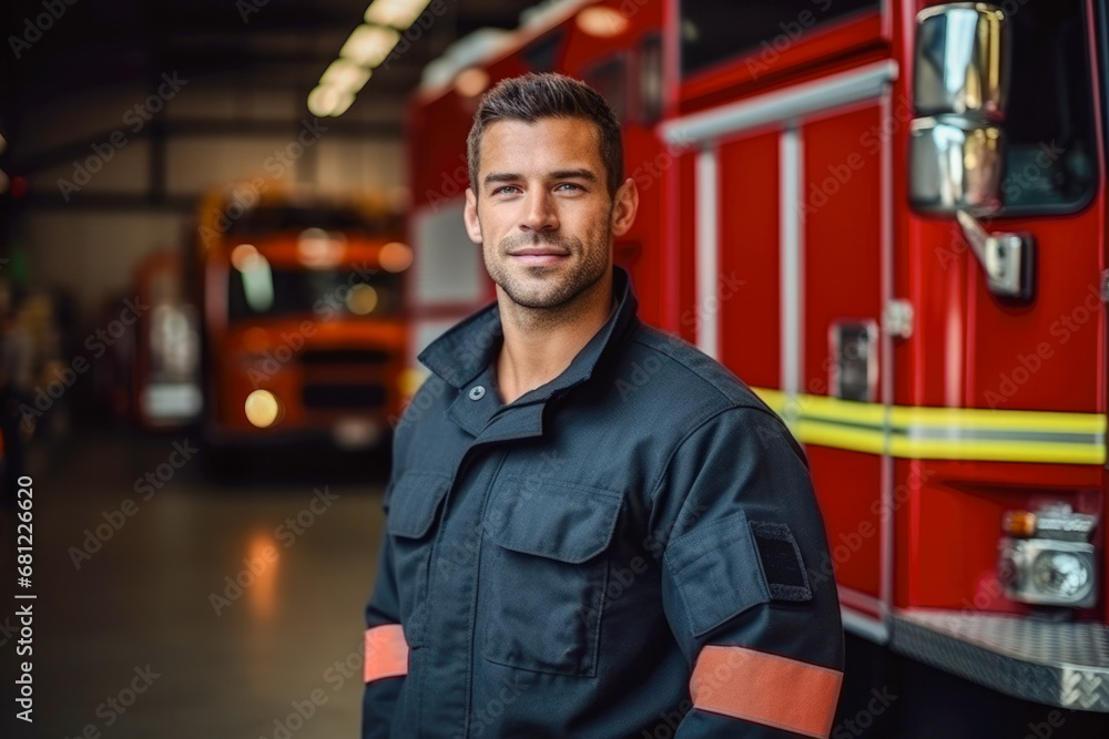 Portrait of a confident caucasian male firefighter standing in front of ...