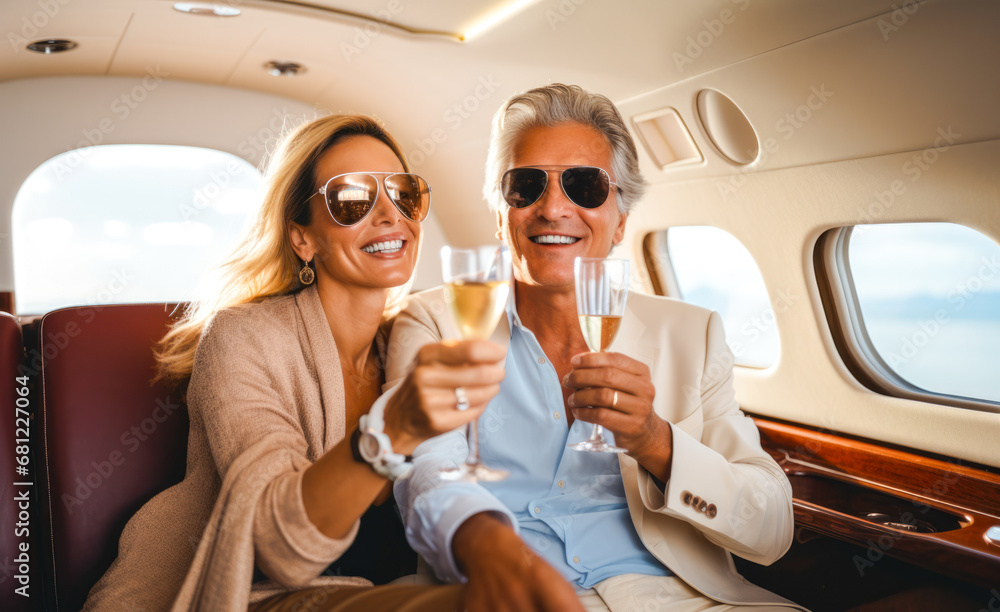 Wealthy and sophisticated couple enjoying a toast with champagne on a ...