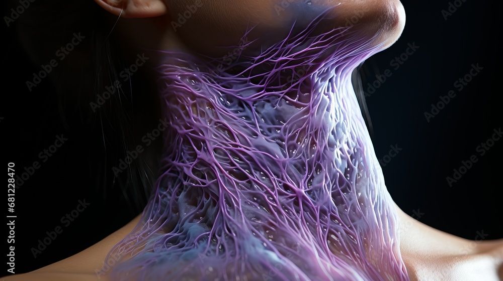 Woman with purple veins visible through her neck, Concept: symbol of ...