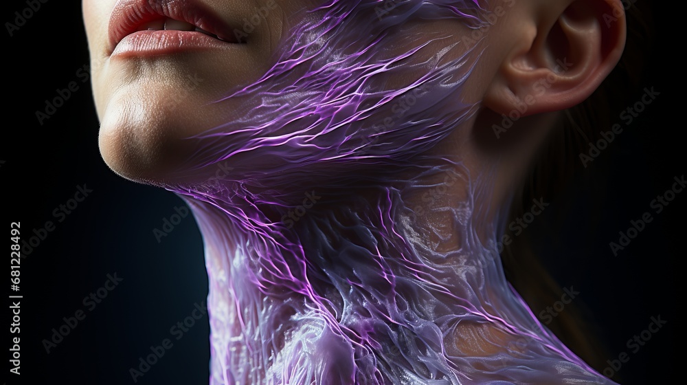 Woman with purple veins visible through her neck, Concept: symbol of ...