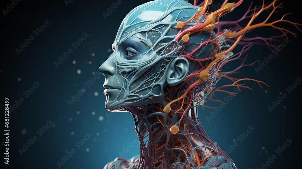 Human nanoprofile with a network of neurons and blood vessels, Concept ...