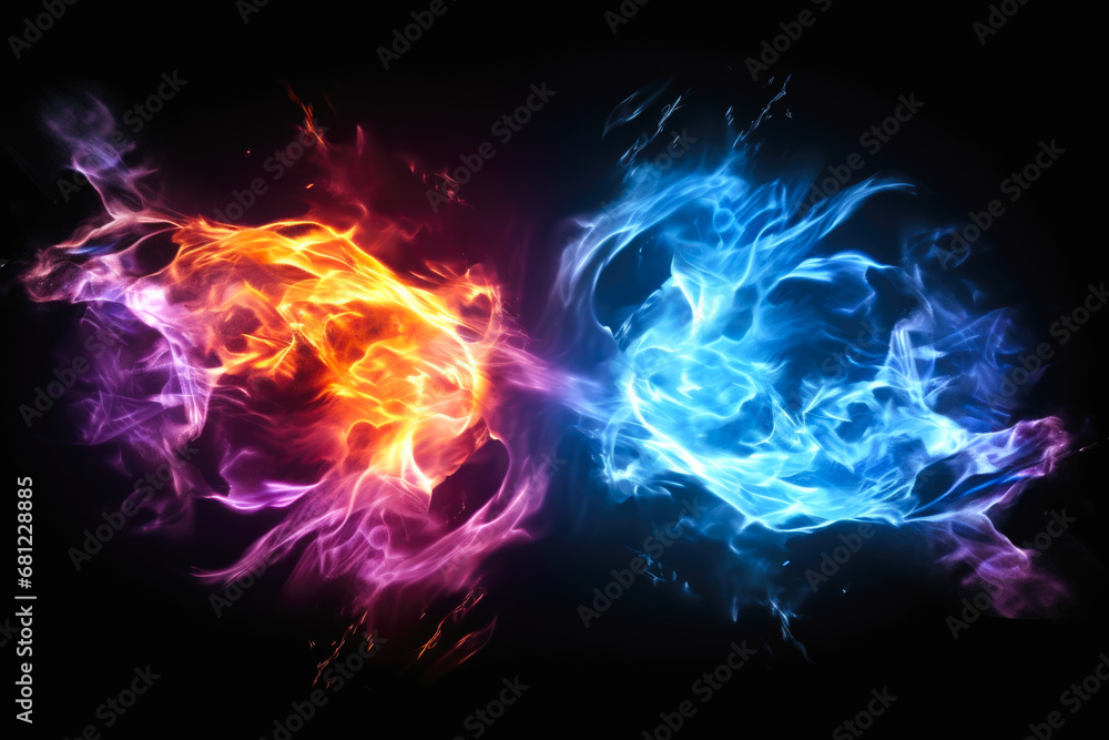 Magic power fire and ice, lights effects, isolated, black background ...