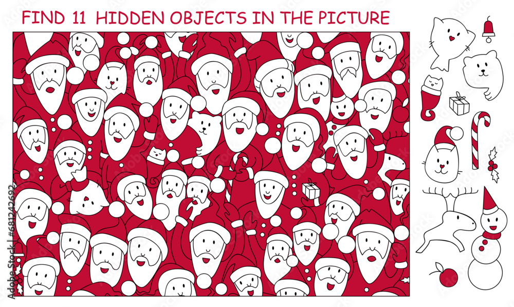 Vetor de Find the hidden objects in the picture. Crowd of Santa Clauses ...