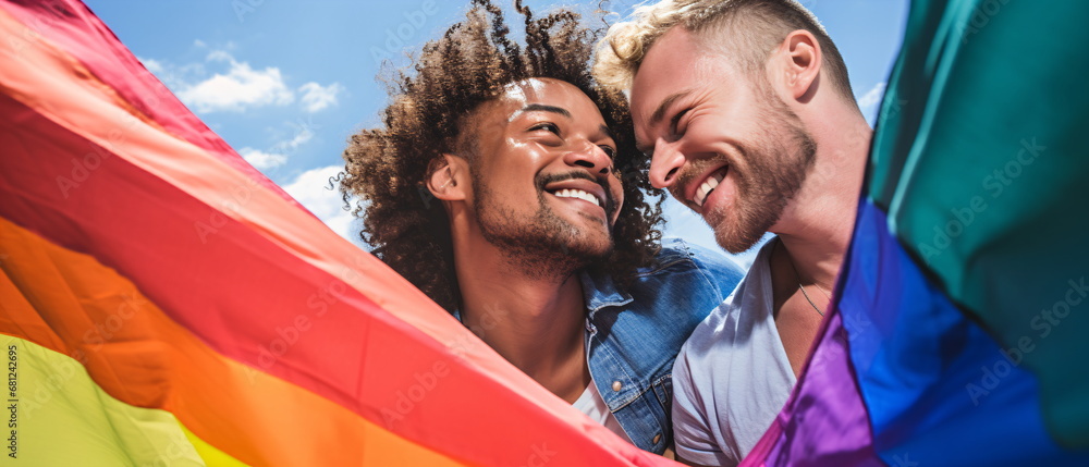 Beautiful smiling gay couple at the pride parade. Rainbow flag at the ...