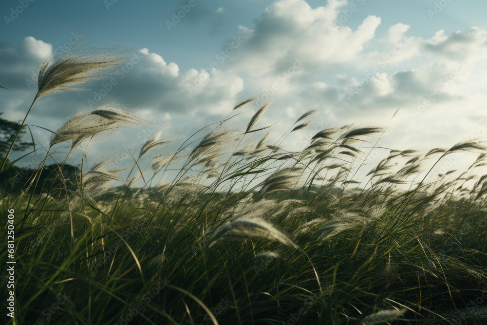 A gusty wind bending tall grass in a sweeping motion, creating a ...