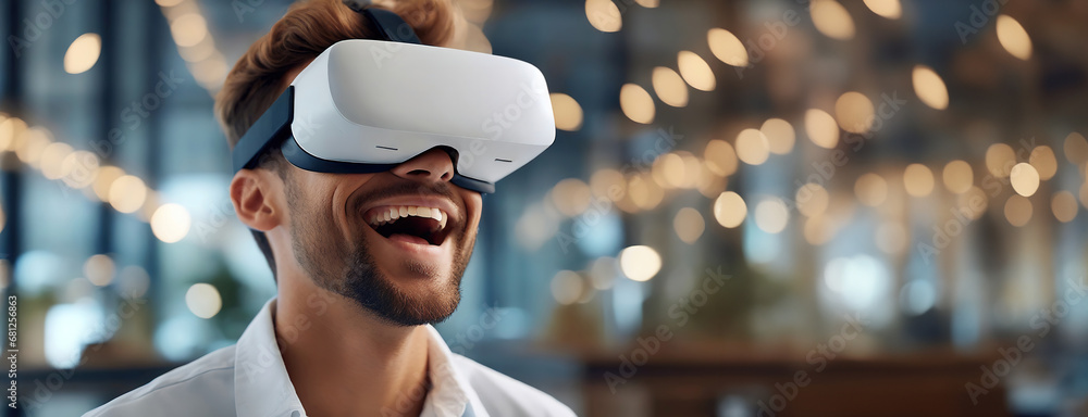 Man in virtual reality glasses with VR control futuristic cyber and 3D ...