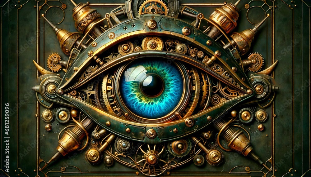 This steampunk artwork captures a mechanical eye, blending technology ...