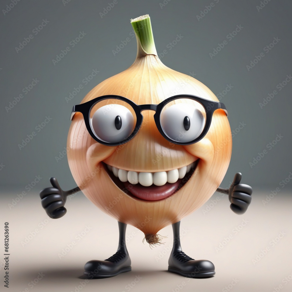 A realistic vetor art design of a smiley onion wearing cycle glasses ...