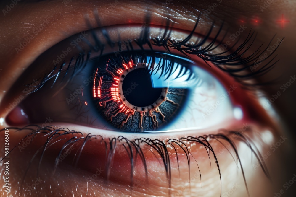 close-up of an eye with artificial intelligence in the retina. Future ...