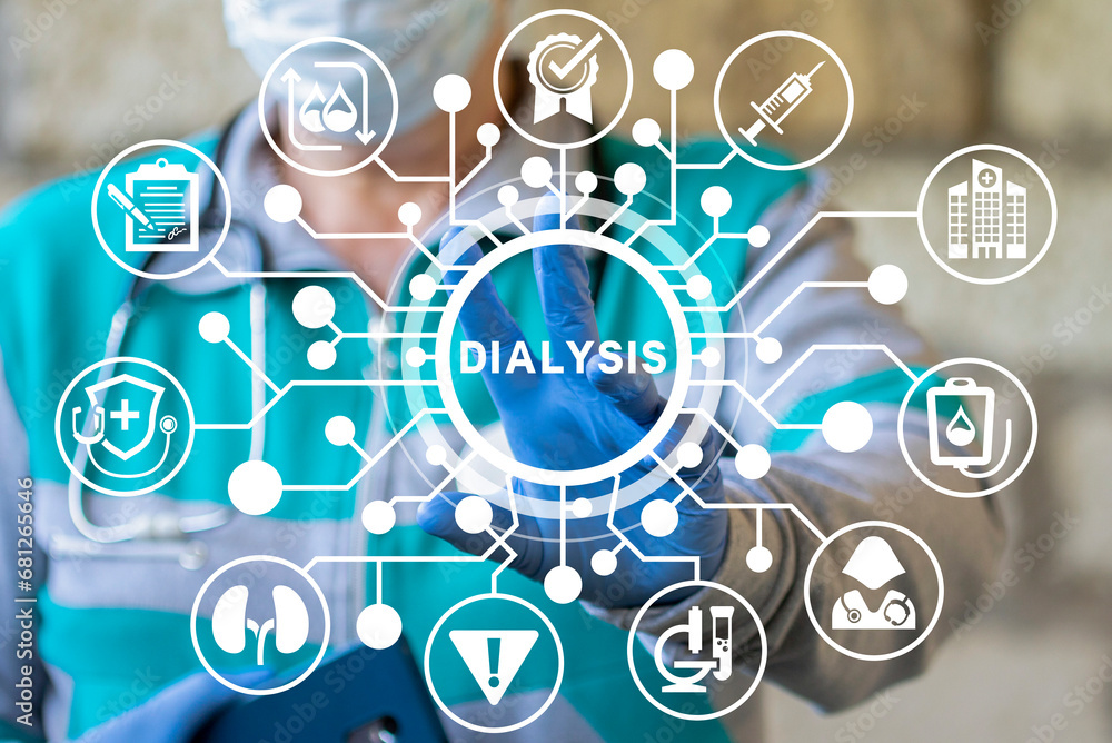 Doctor using virtual touch interface sees word: DIALYSIS. Dialysis or ...