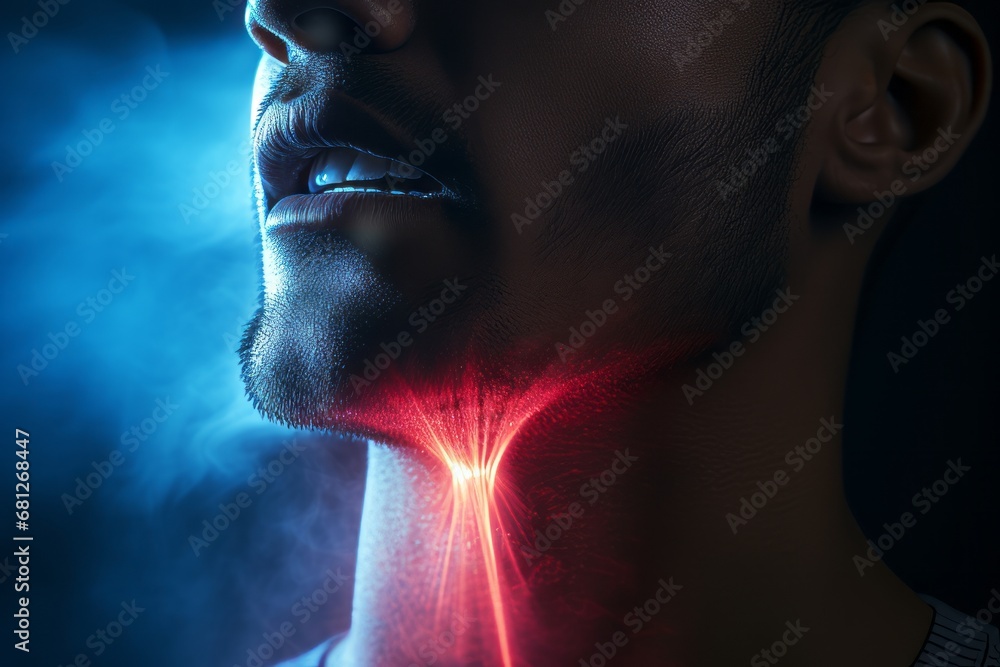 Sore throat 3D visualization of a painful area in the throat. Man sore ...
