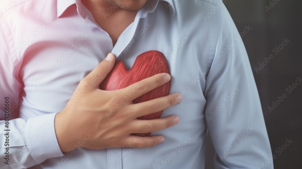 hand hold chest with heart attack symptoms, man have chest pain caused ...