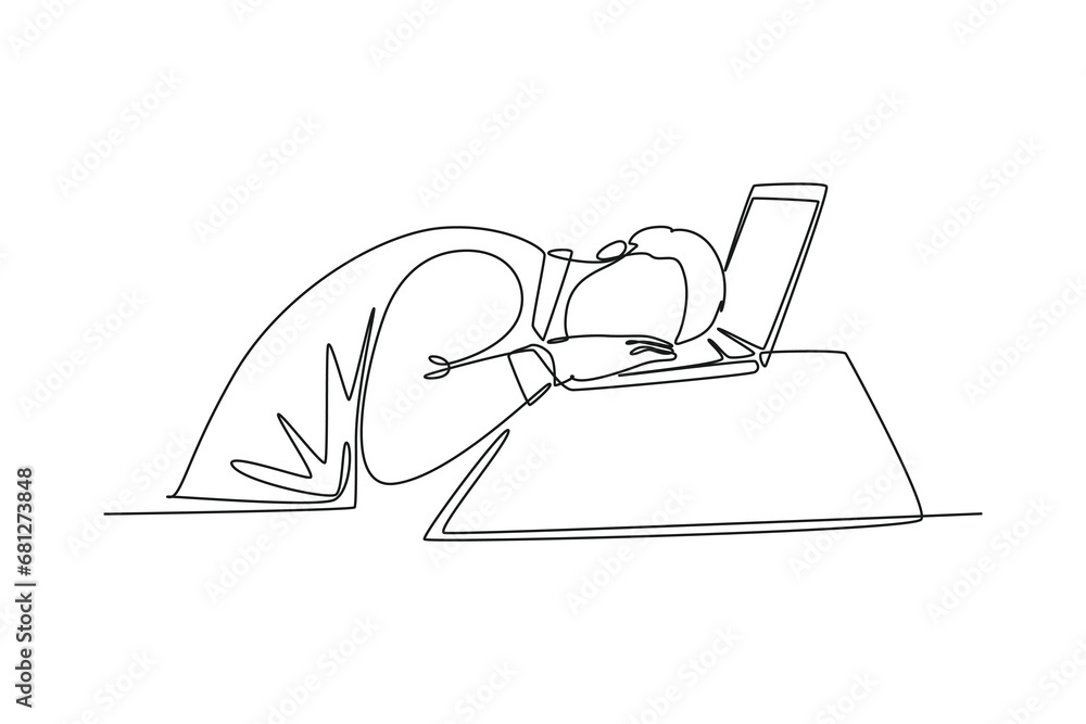 Continuous one line drawing young sleepy male worker fall asleep on ...