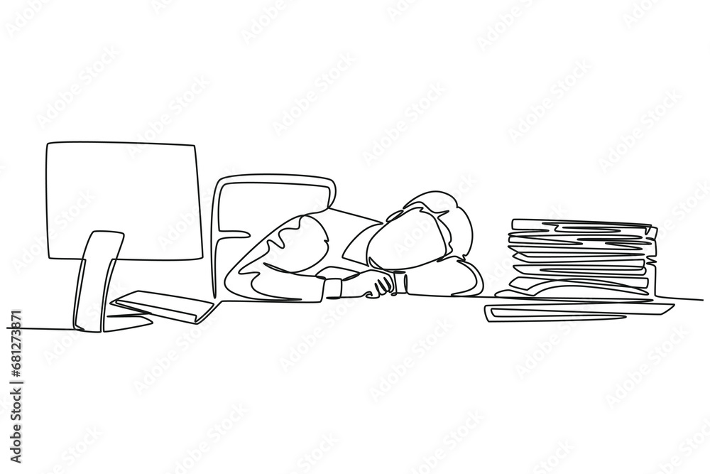 Single one line drawing of young sleepy startup CEO fall asleep on work ...