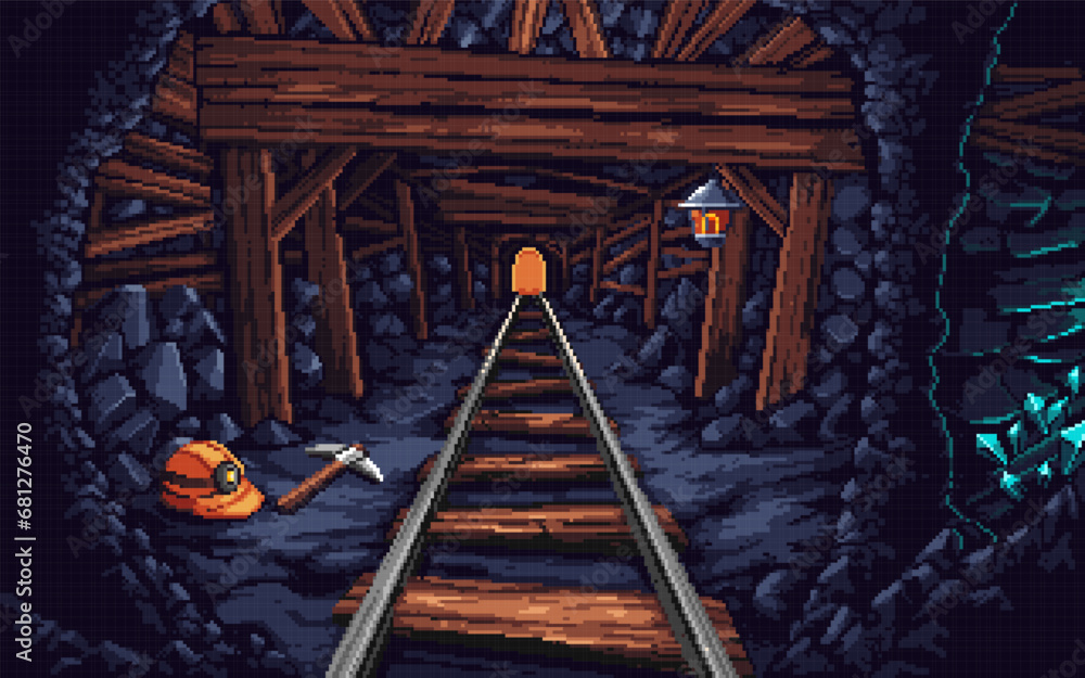 Pixel art illustration Mine Quarry. Pixelated tunnel. Mine Quarry Tunnel pixelated for the pixel ...