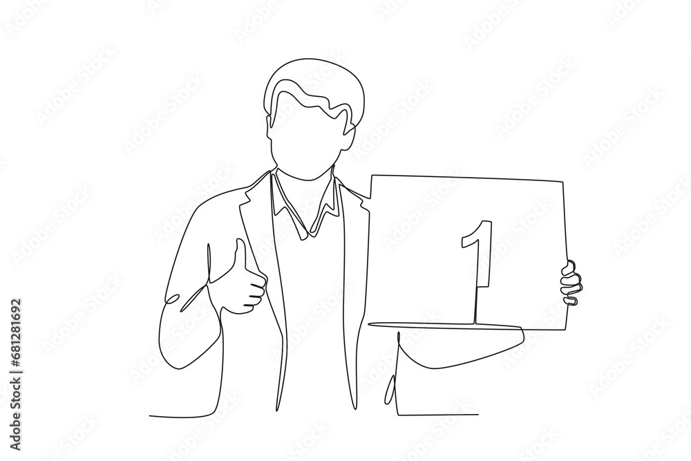 Continuous one line drawing best male employee holding certificate and ...