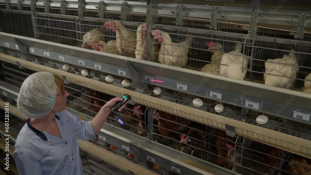 Scanner Device Used By Plant Worker To Scan Barcodes. Chickens In Cages ...