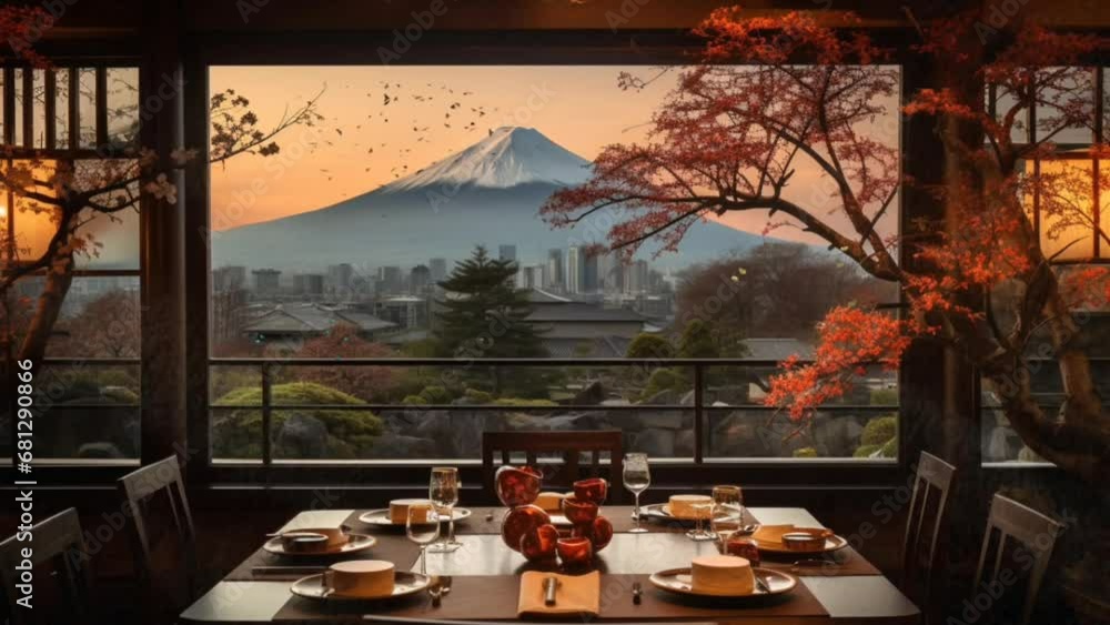 Romantic dinner with sunset view of Mt. Fuji. seamless looping 4K time ...