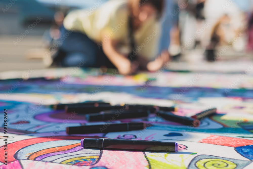 Process of drawing on asphalt and pavement, kids and children with ...