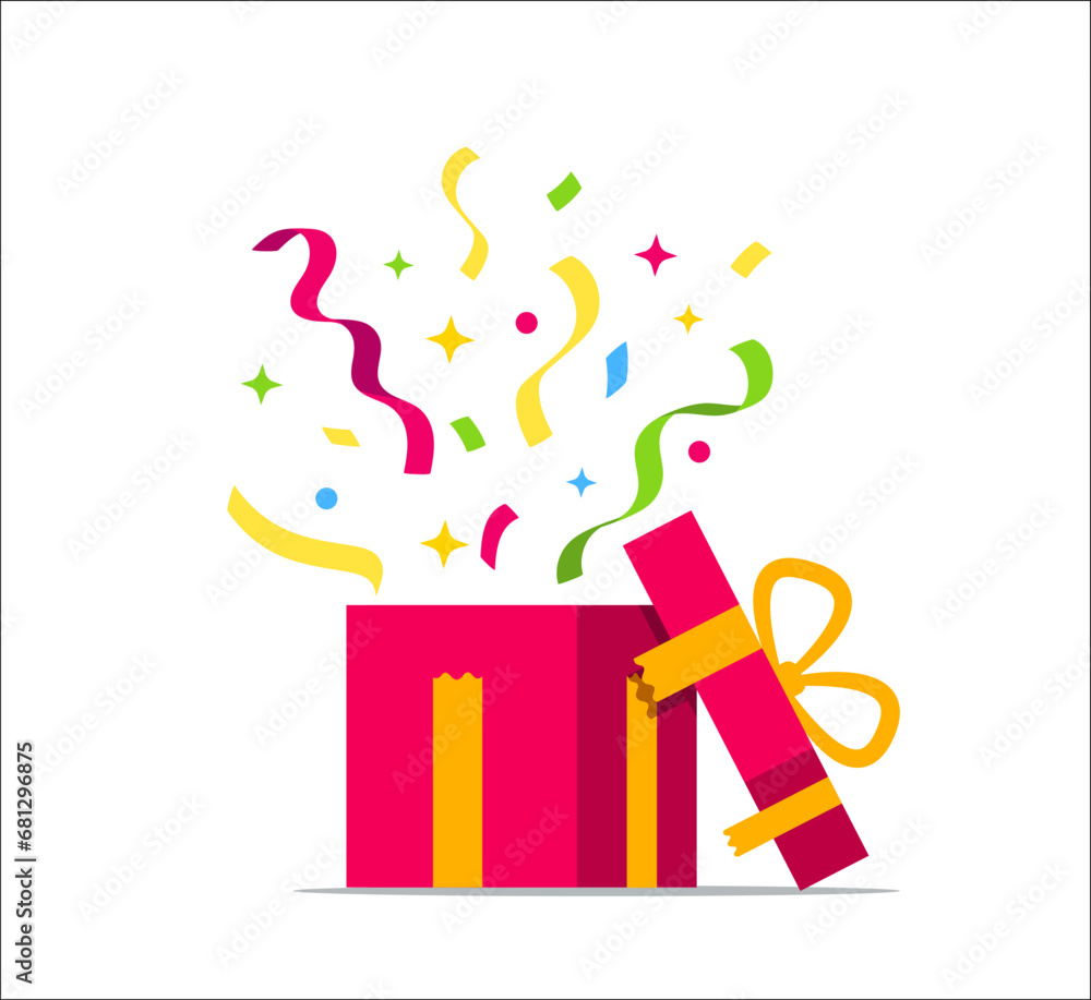 Open surprise gift box with confetti explosion inside. Raffle fun ...
