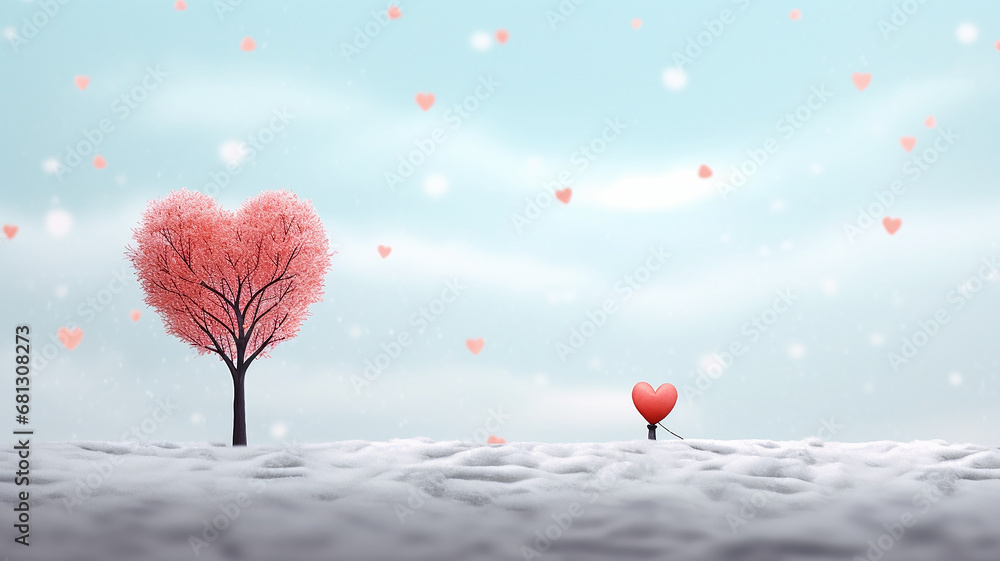 winter greeting card with a heart symbol, love relationship flirting ...