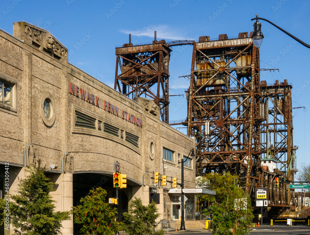 Newark, NJ – US – Nov 12, 2023 The Dock Bridge, a pair of vertical lift ...