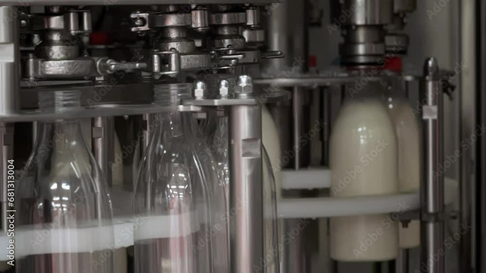 Vidéo Stock Automated Filling Machine Pours Milk In Plastic Bottles At ...