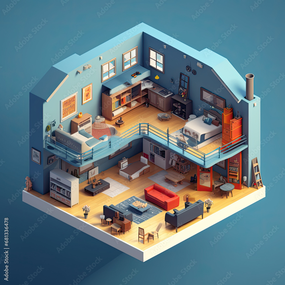 ภาพประกอบสต็อก 3D model house floor plan with a view of furnished rooms ...