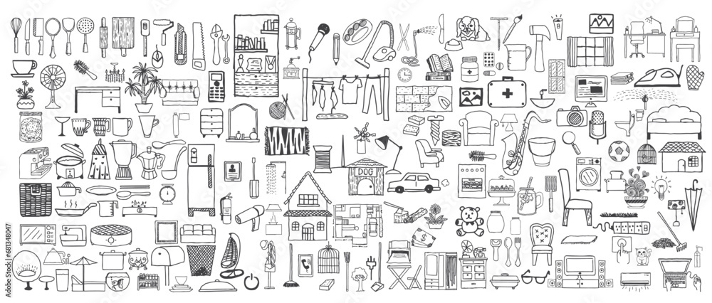Hand drawn home appliances doodle set background. Hand Drawn vector ...
