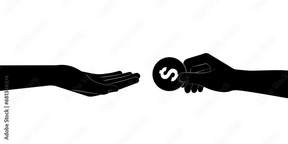 Hand Holding and Giving Coin Silhouette Black and and White. Vector ...
