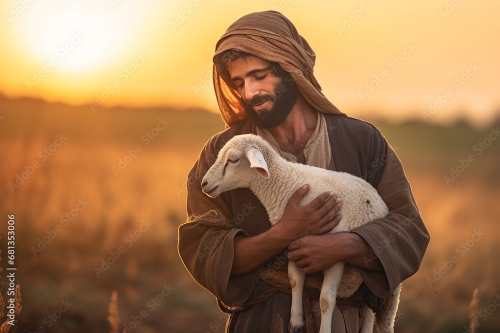 arab man holding a lamb, representation of Jesus Christ as a good ...