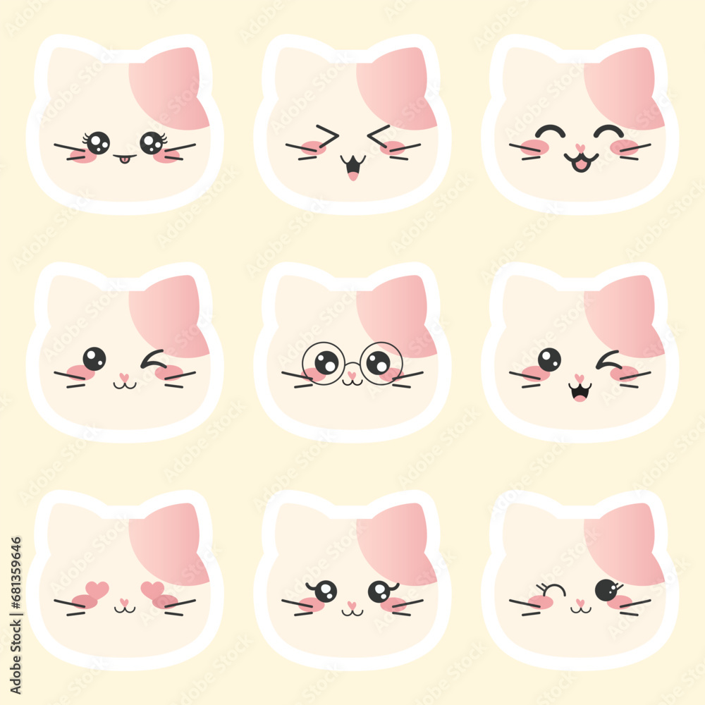 Vector set of cute kawaii cat face emoji emoticon stickers elements ...
