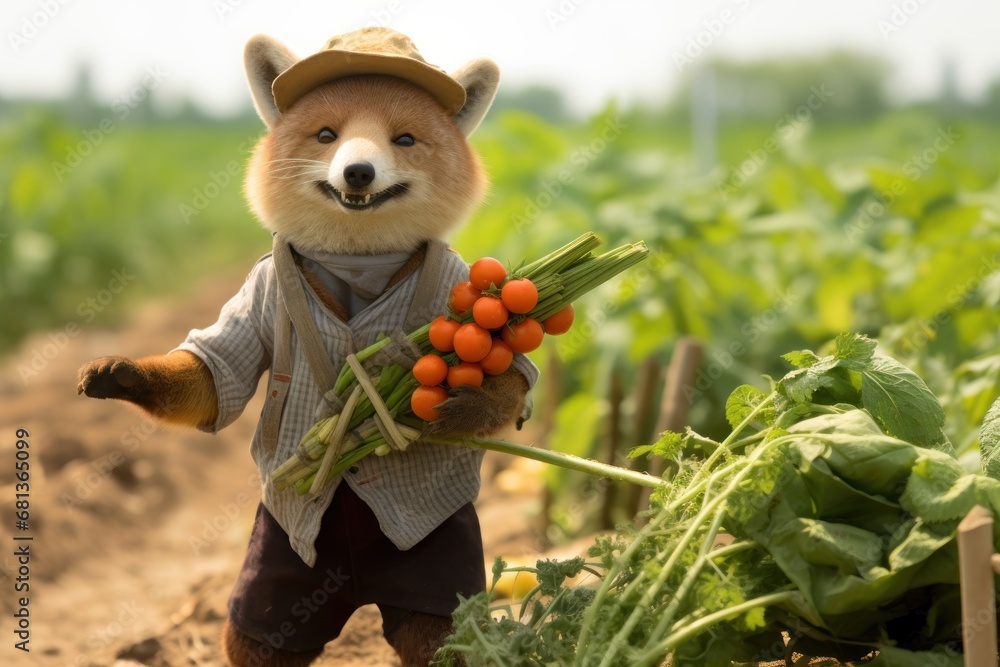 anthropomorphic fox is working as a farmer he is wearing a straw hat ...