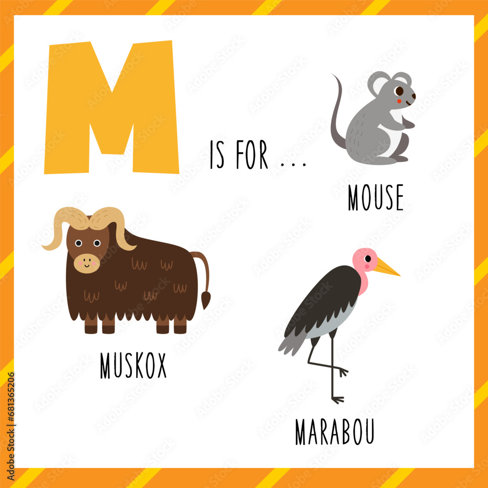 Learning English alphabet for kids. Letter m. Cute cartoon mouse muskox ...
