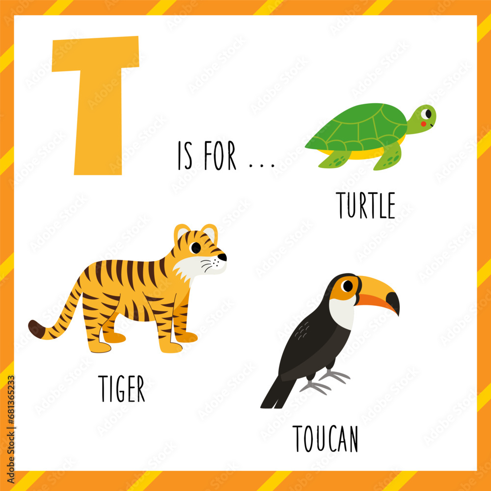 Learning English alphabet for kids. Letter T. Cute cartoon tiger turtle ...
