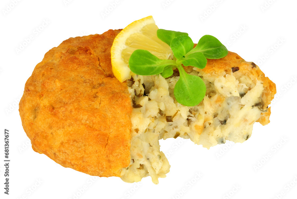 Battered fish and potato fish cakes with lemon and lambs leaf lettuce ...