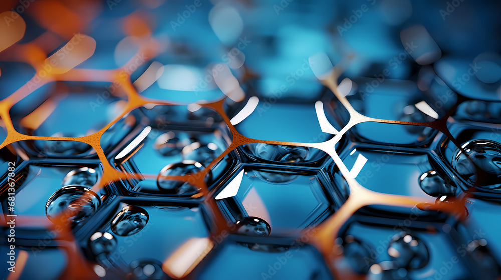 Hexagonal water molecules magnified in a high-tech display, showcasing ...