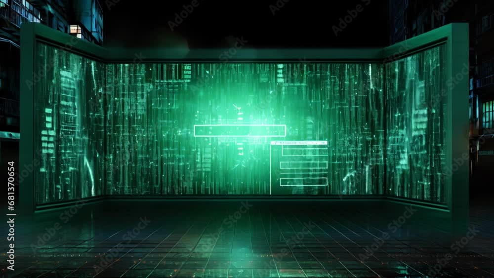 Dystopian digital matrix A greenscreen billboard featuring a digital ...