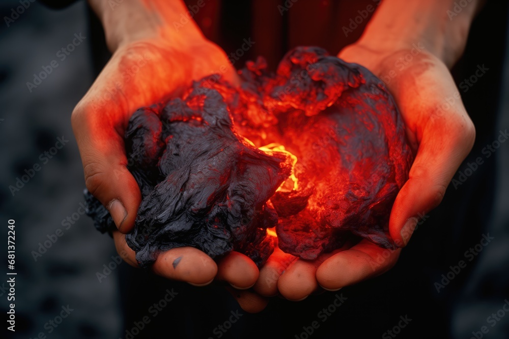 A concept illustration of scorching charcoal in the hands of a miner ...